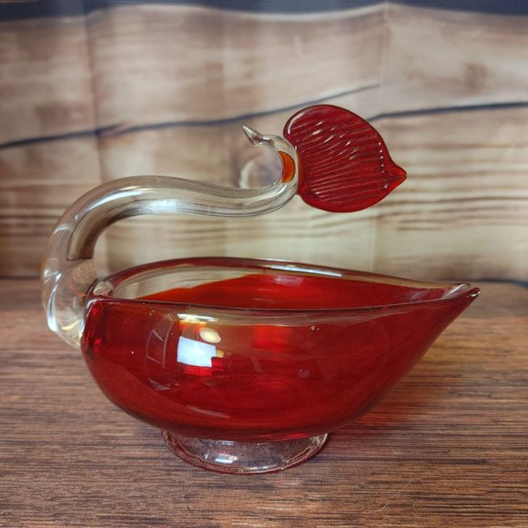 Art | Vintage Handblown Redclear Glass Swan Candy Dish Made In Japan ...